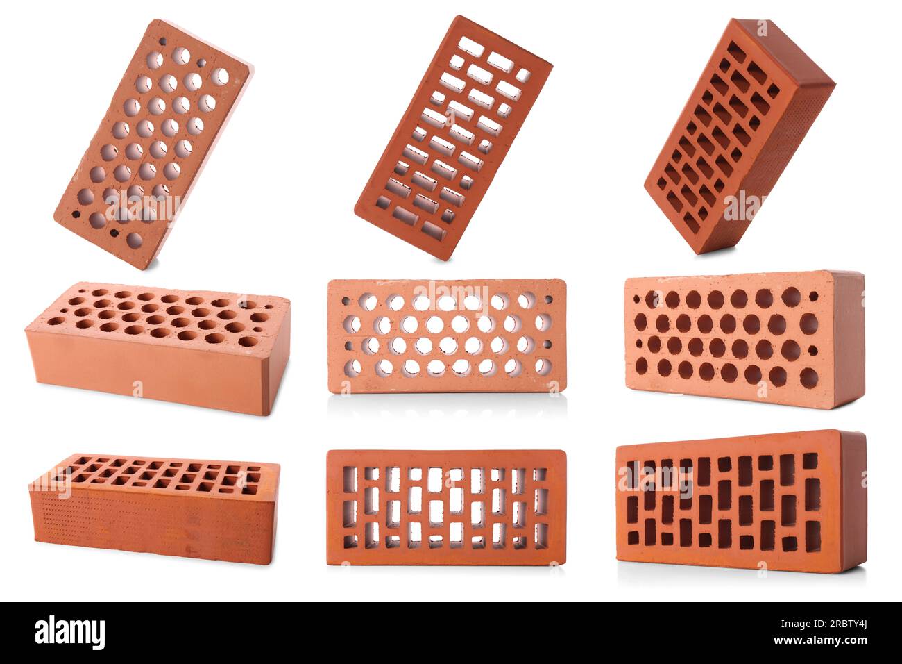 Set of red bricks on white background, different views Stock Photo - Alamy