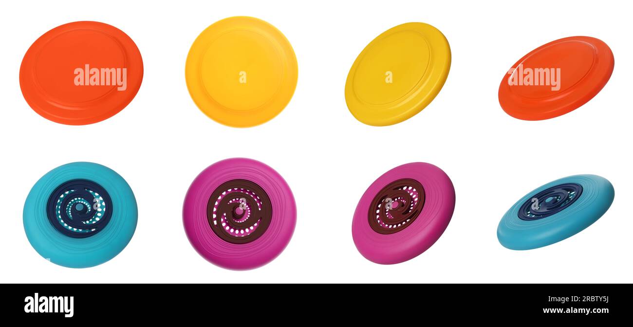 Set of colorful frisbees on white background Stock Photo - Alamy