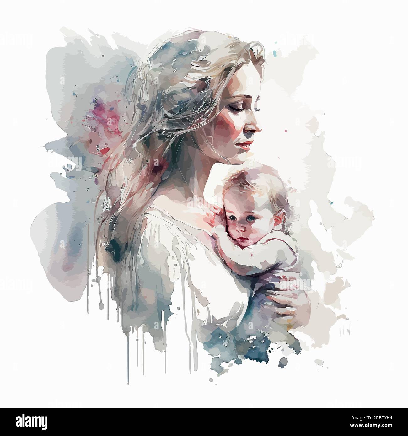 Mother with a child. Watercolor painting. Loving mother hold in arms embrace little baby girl ...