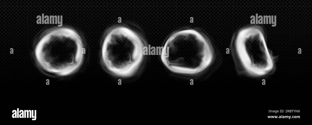 Circle clouds of smoke, round steam rings isolated on transparent ...