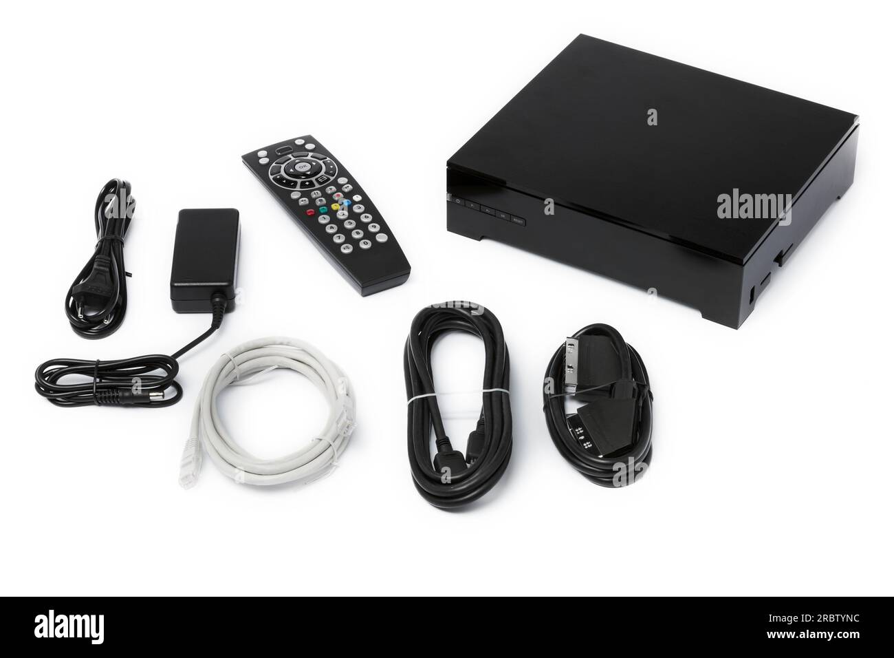 Tv decoder and remote control set isolated on white background Stock ...