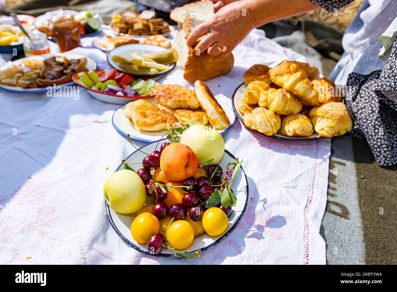 Traditional meal, breakfast at open on the harvest time Stock Photo - Alamy