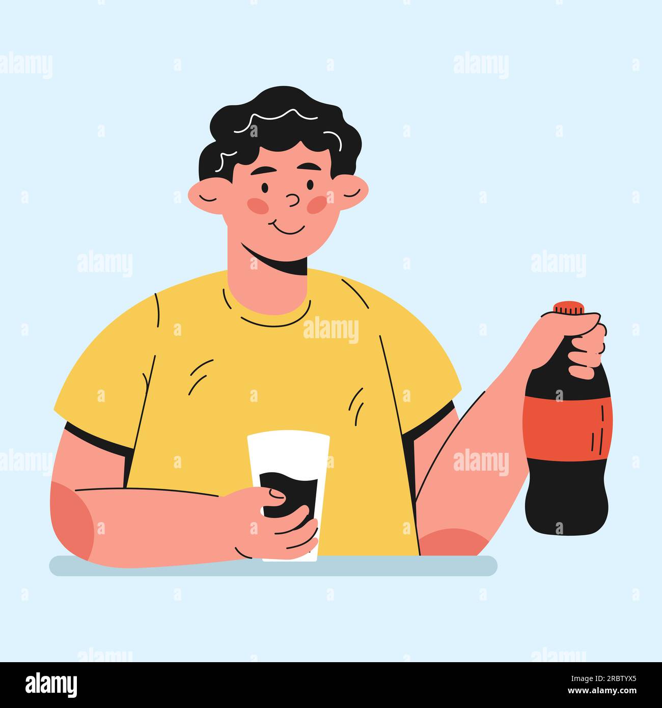 guy holding cola pours into a glass character in cartoon style Stock ...