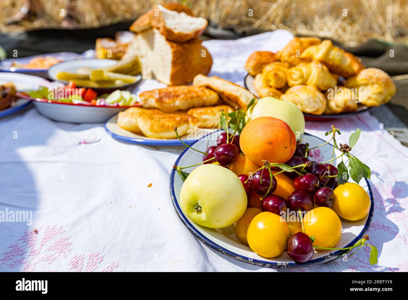 Traditional meal, breakfast at open on the harvest time Stock Photo - Alamy