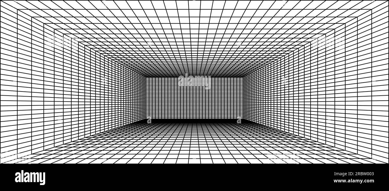 Wireframe grid room. 3d perspective background. Futuristic digital ...