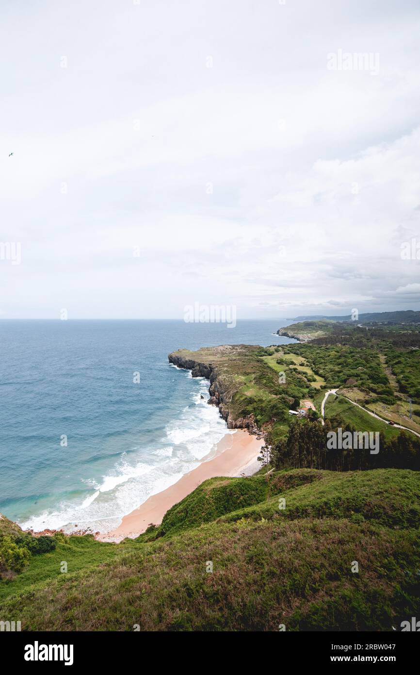 Landscape of Andrin beach in the green Asturian Cantabrian coast, near ...