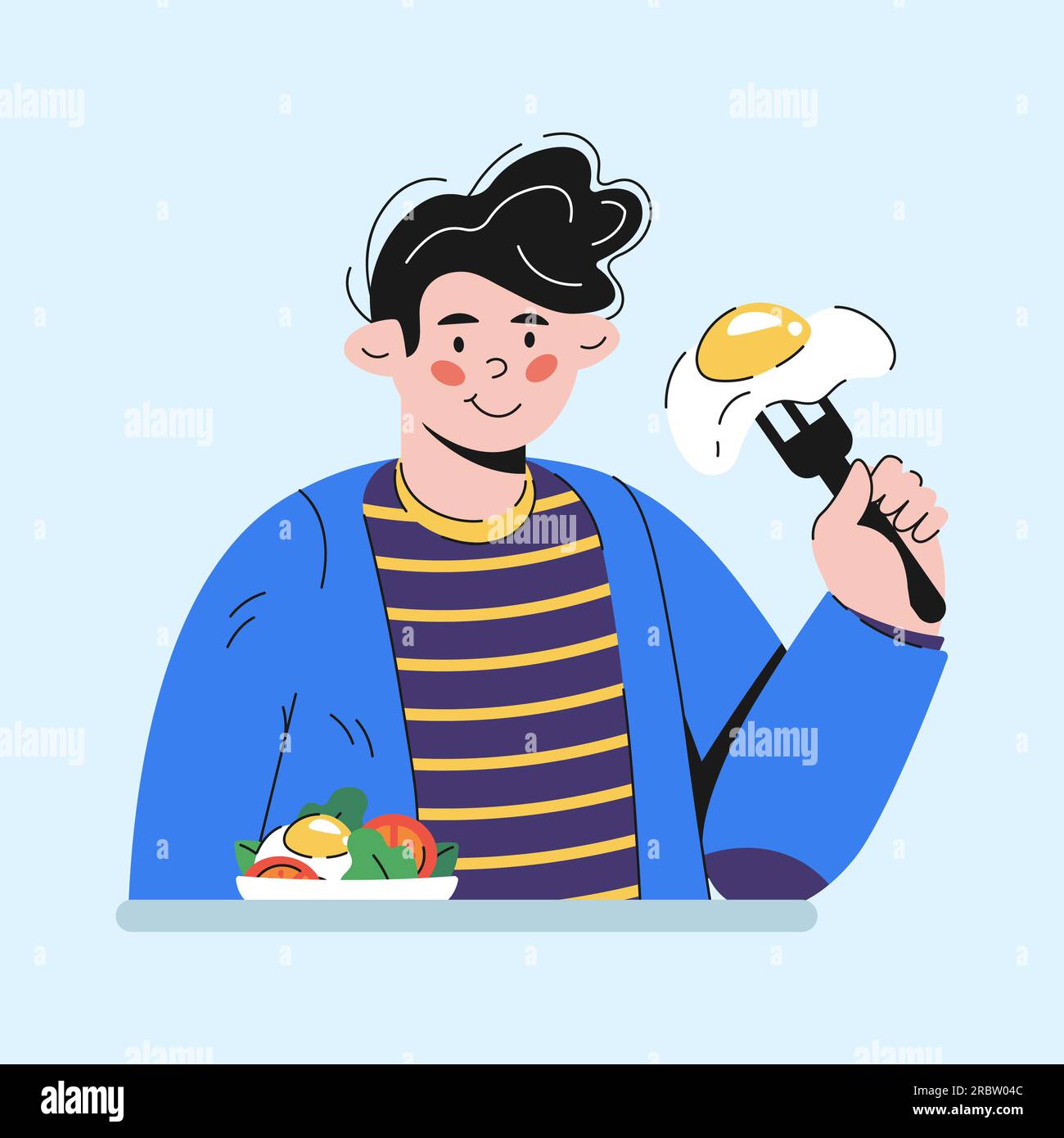 guy eating fried eggs breakfast character cartoon style Stock Vector ...