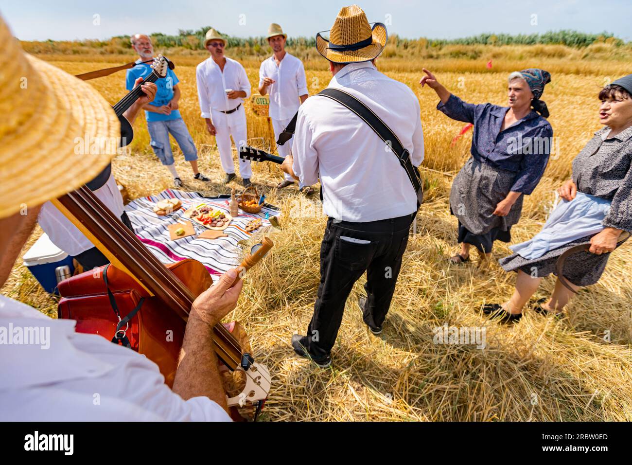 Contrabassist, musician plays contrabass using wooden, jingle bells ...