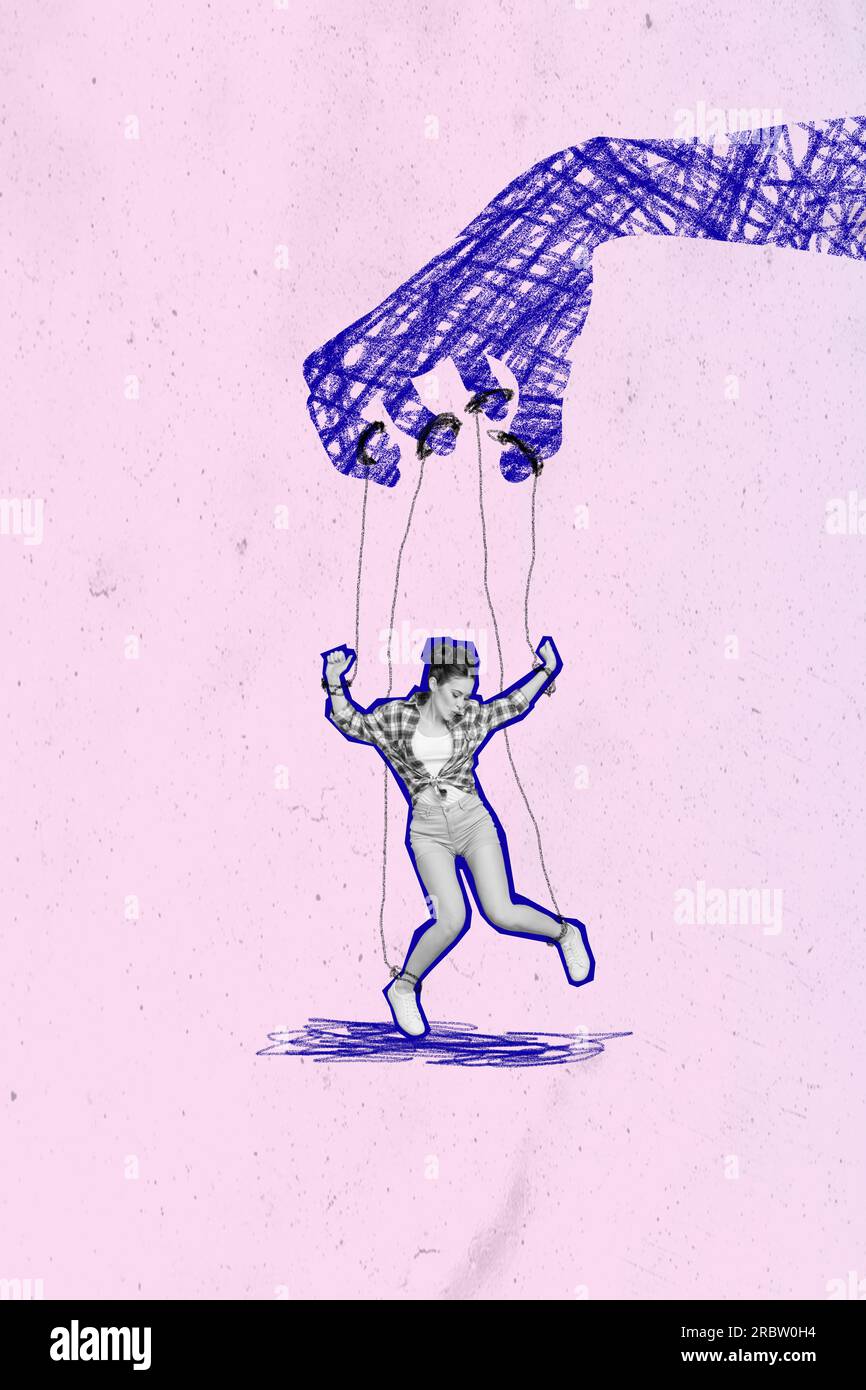 Collage creative painted artwork of dancing puppet slave have fun dont ...