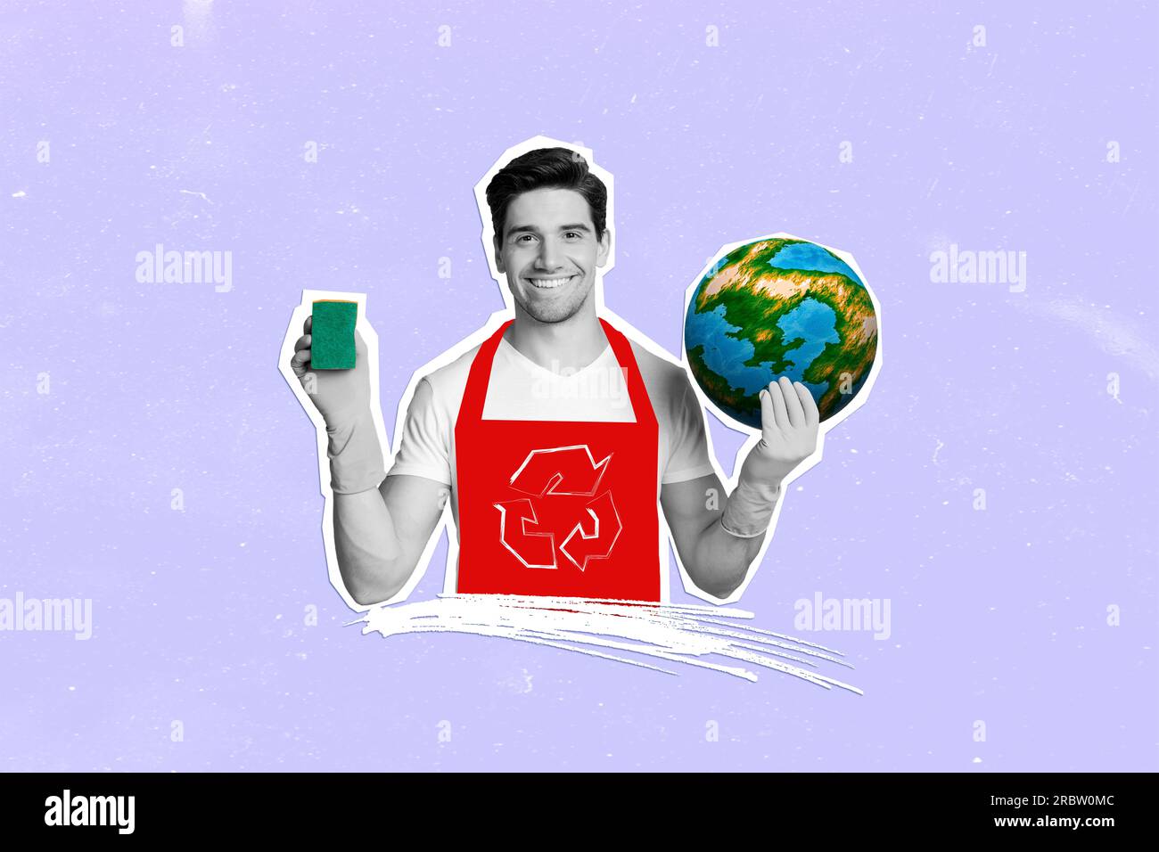 Creative poster collage of happy positive young man holding sponge ...