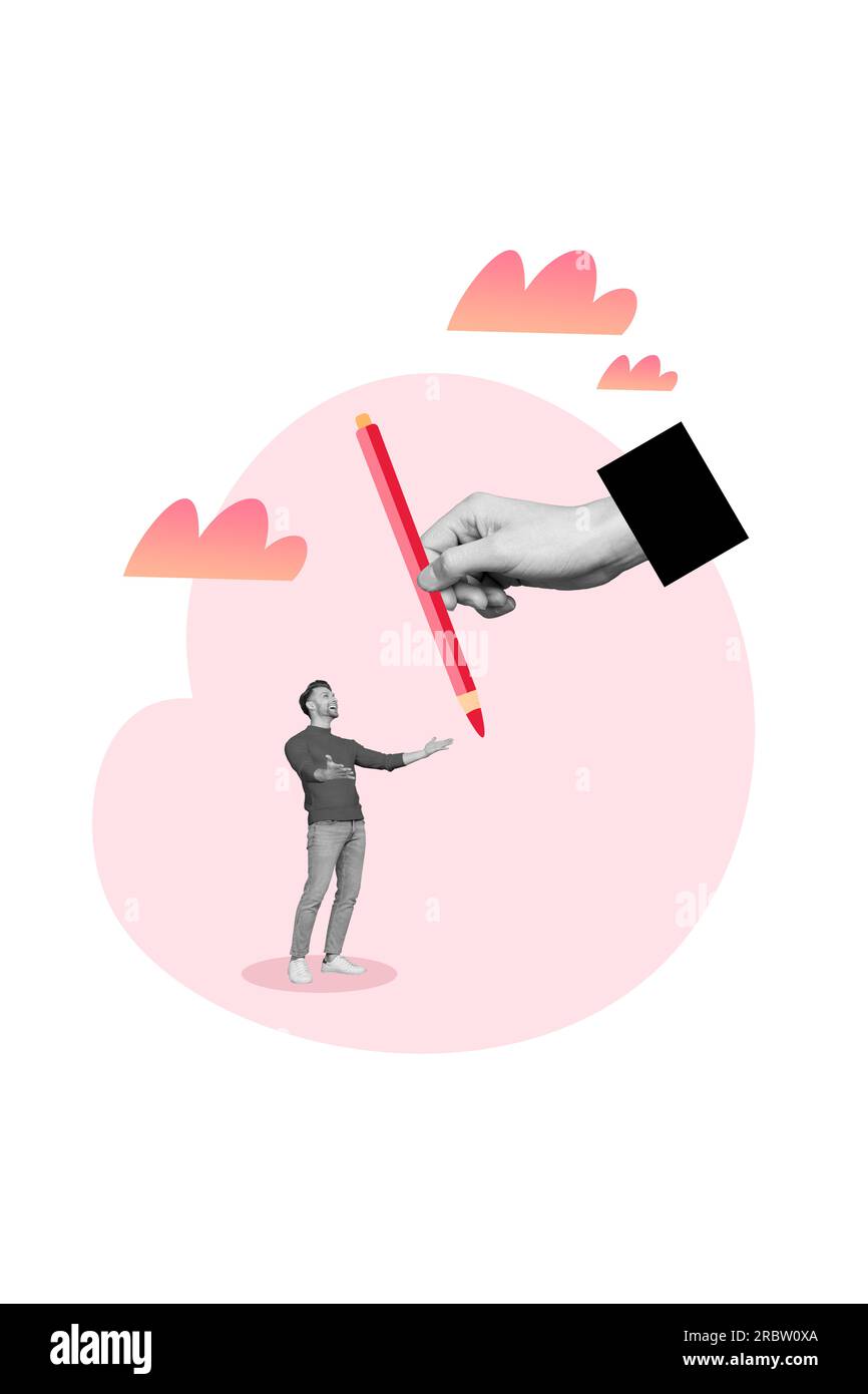 Illustration collage template of young man take huge pen write novel ...