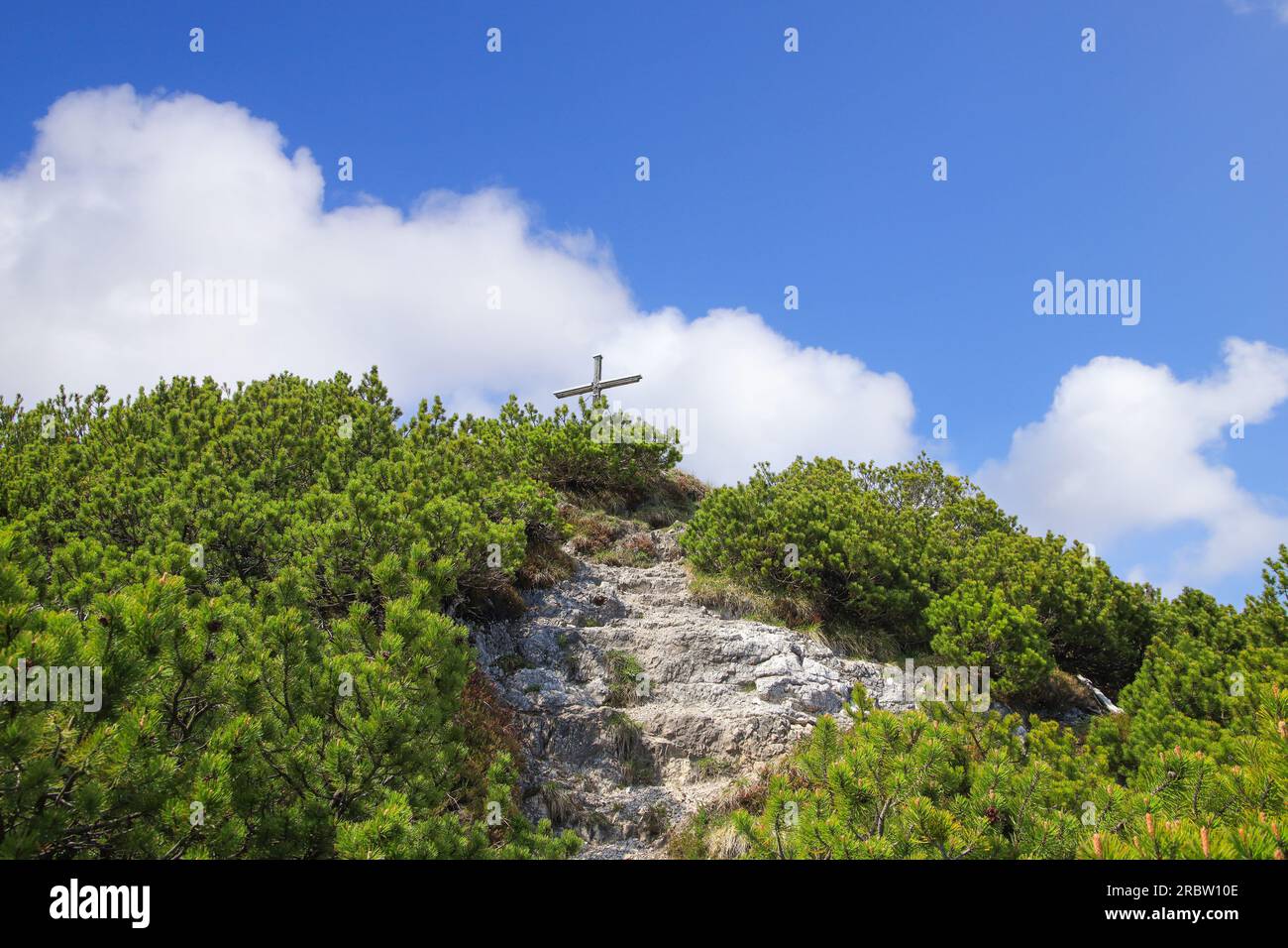 Way up to summit cross on mountain Trainsjoch, between bavaria and ...