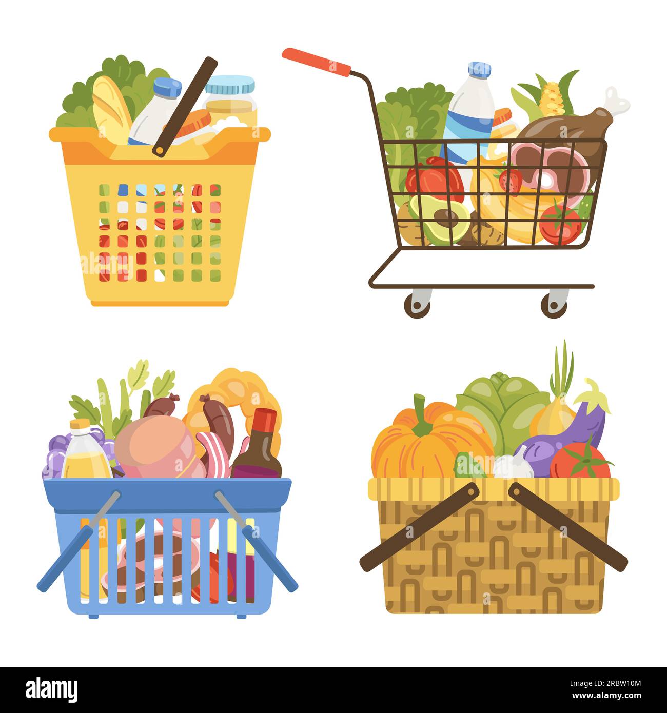 vector illustration of a square basket of groceries with vegetables ...