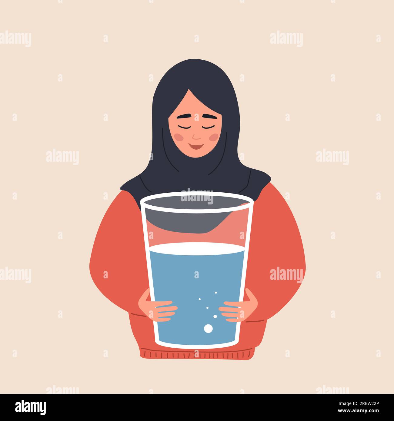 Water balance. Thirsty islamic woman hold large glass of clean water ...