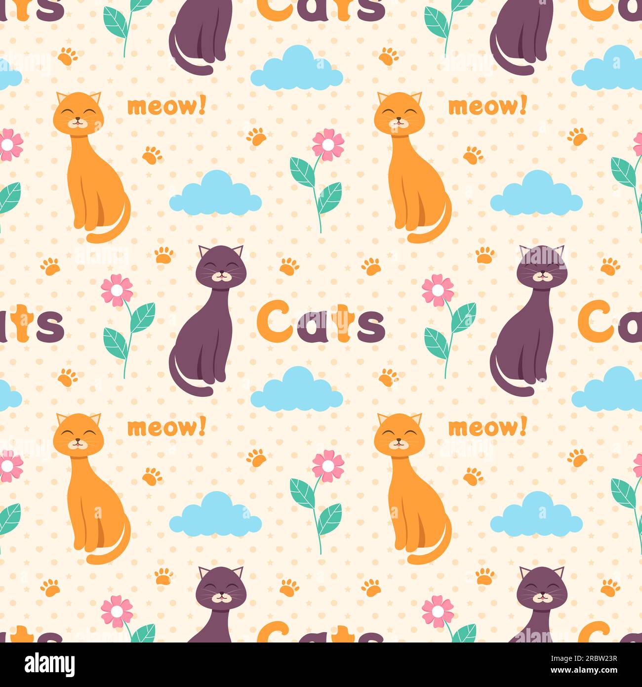 Cats Animals Seamless Pattern Design with Cat Element in Template Hand ...