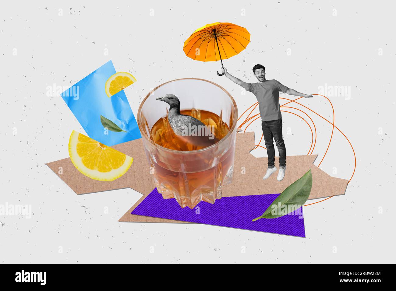 Creative trend collage of excited happy young man hold umbrella whiskey ...