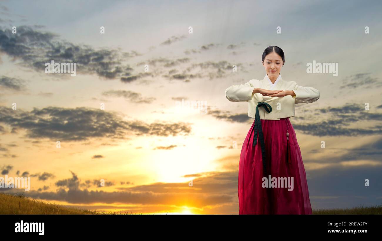 Asian woman wearing a traditional Korean national costume, Hanbok ...