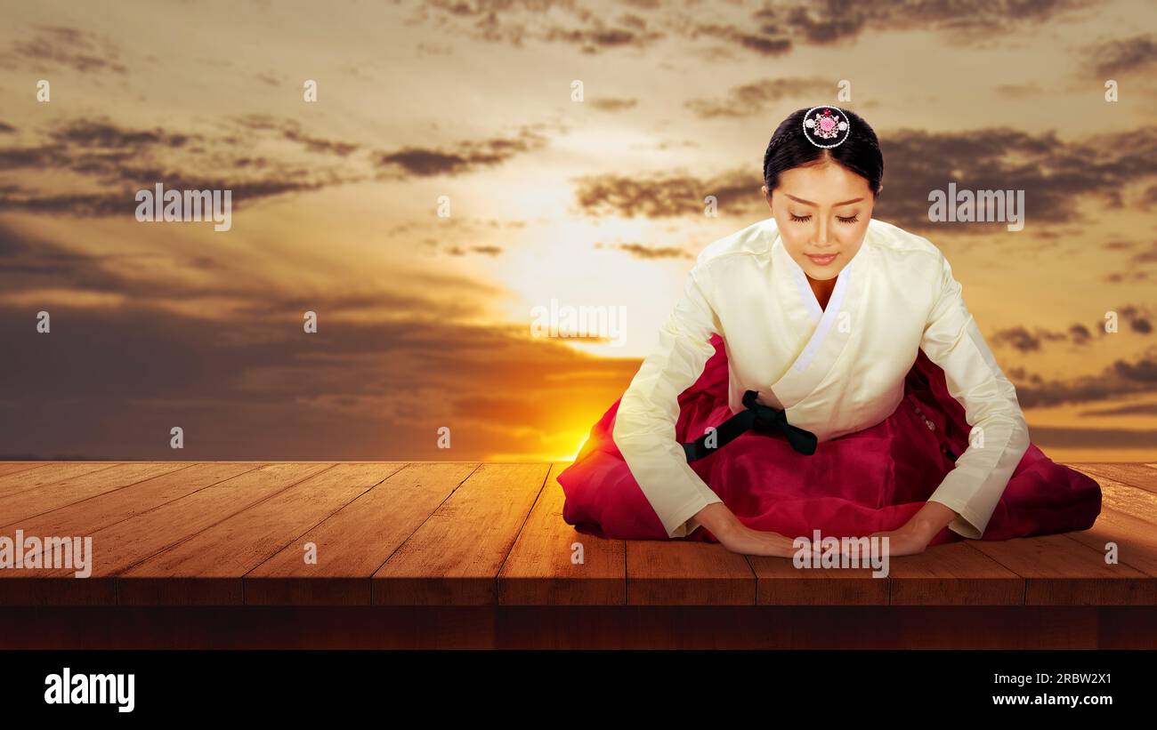 Asian woman wearing a traditional Korean national costume, Hanbok ...