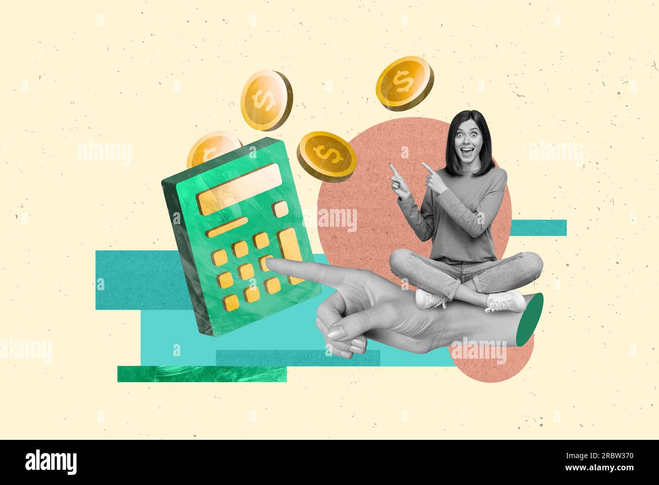 Collage image artwork poster of excited girl economist sit hand show calculator analyzing ...