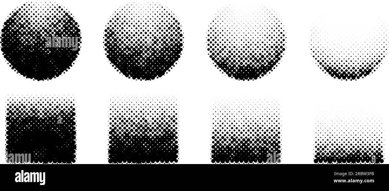 Halftone circle and square shapes set. Dotted textured spheres and ...