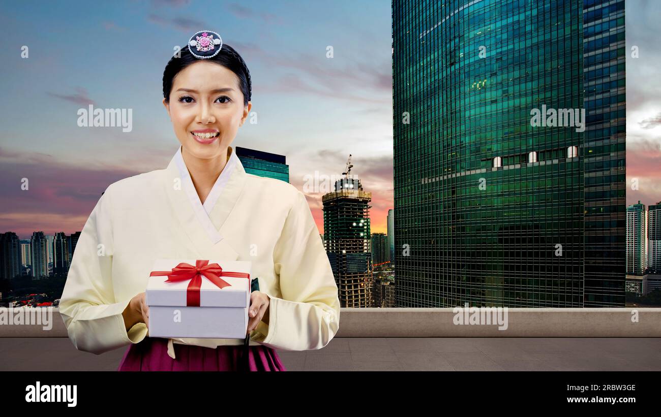 Asian woman wearing a traditional Korean national costume, Hanbok ...