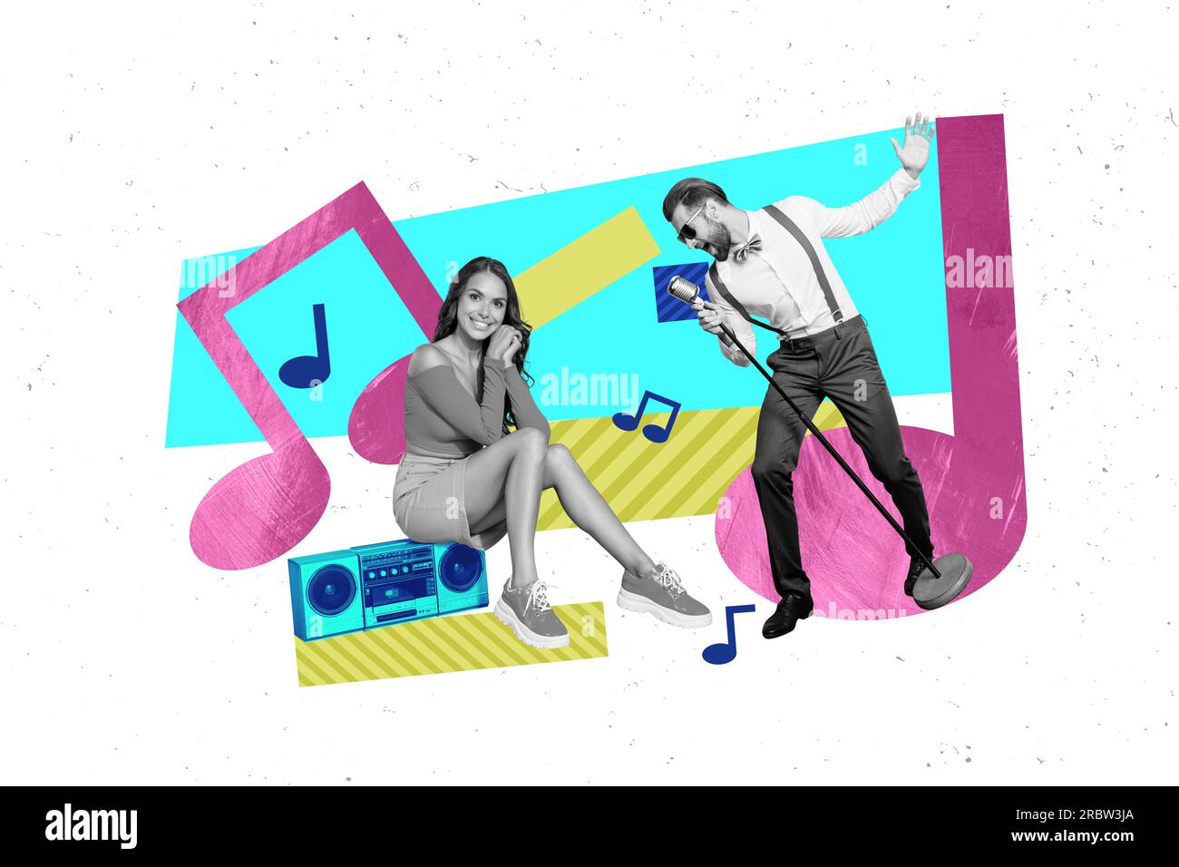 Photo collage artwork minimal picture of smiling lady listening singer ...