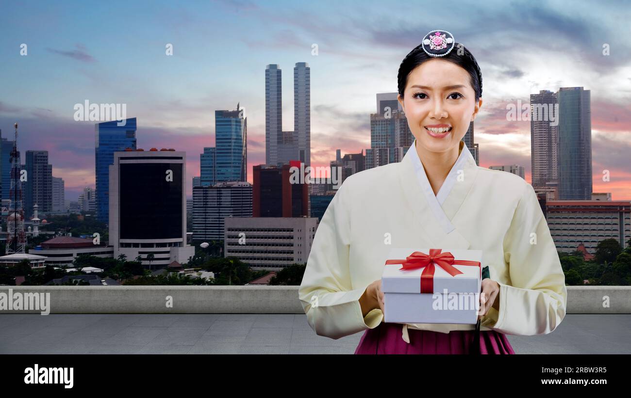 Asian woman wearing a traditional Korean national costume, Hanbok ...