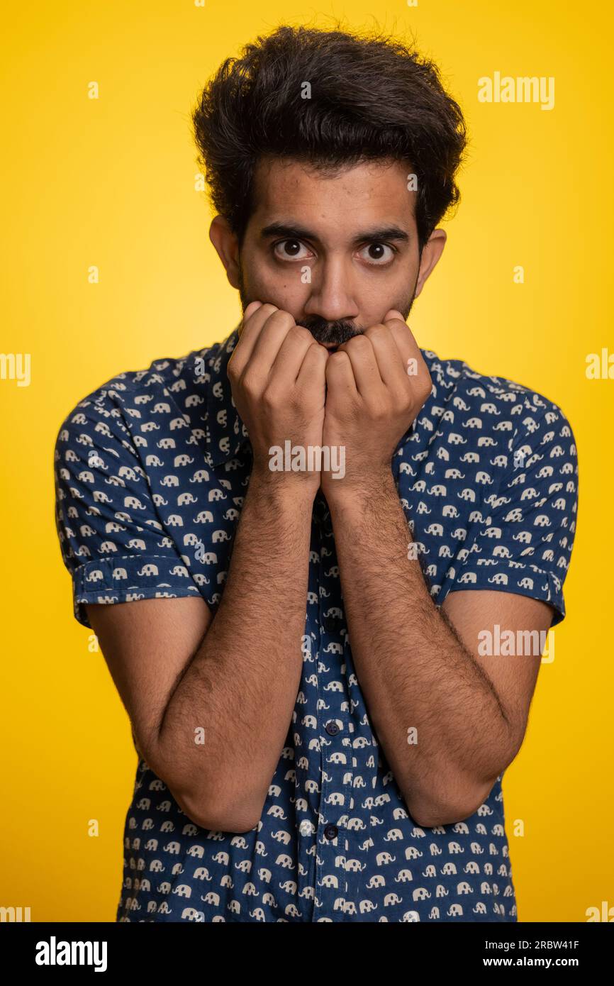 Stressed depressed indian man terrified about danger problems ...