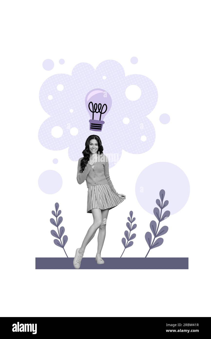 Vertical painted collage artwork of smiling happy girl eureka idea ...