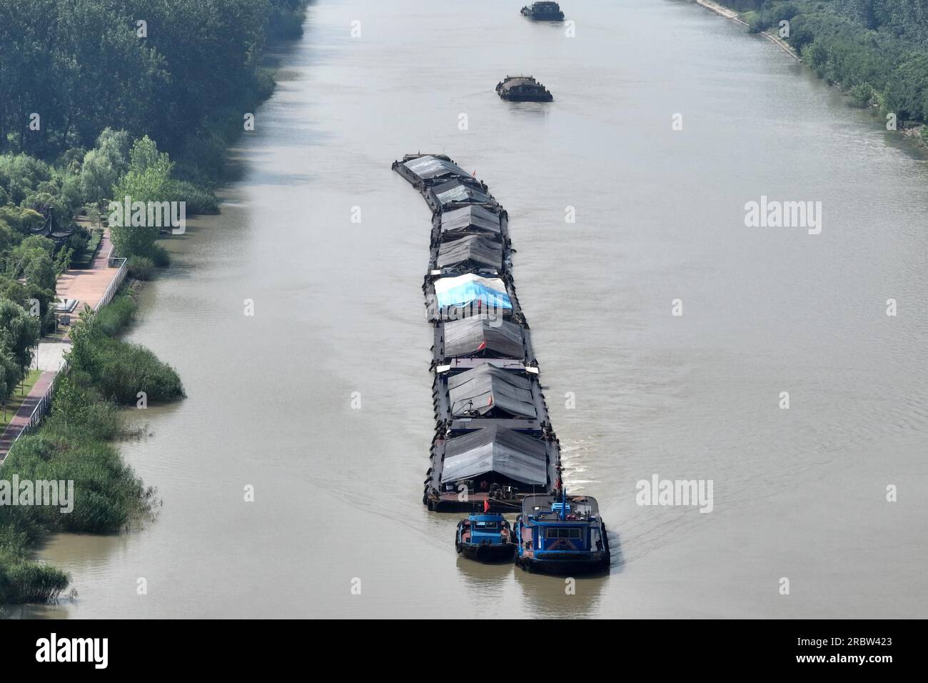 Aerial photo shows cargo ships running in the Baoying section of the ...