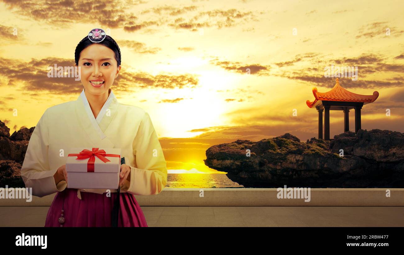 Asian woman wearing a traditional Korean national costume, Hanbok ...