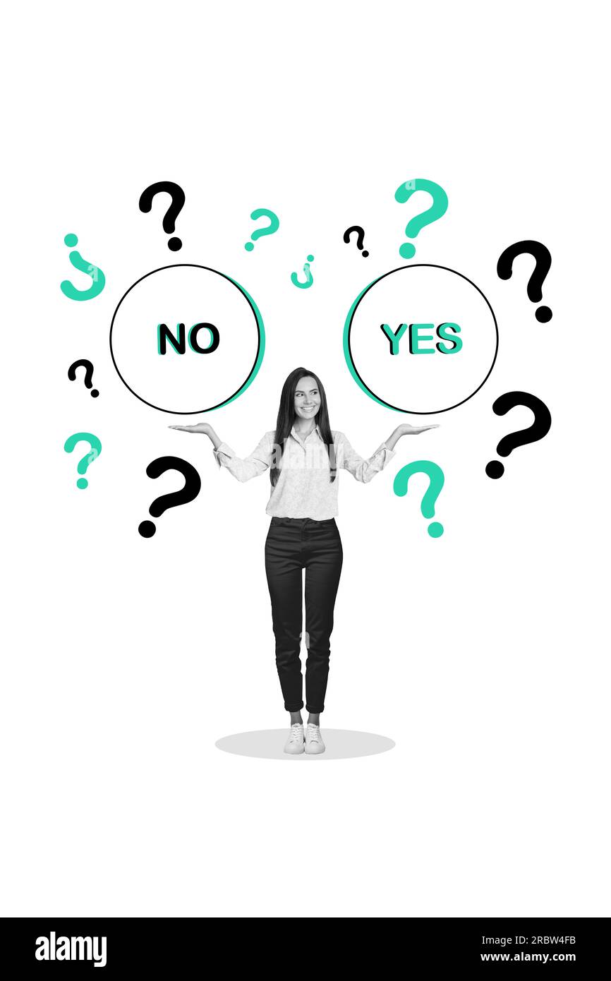 Vertical image template retro sketch collage of happy girl choose ...