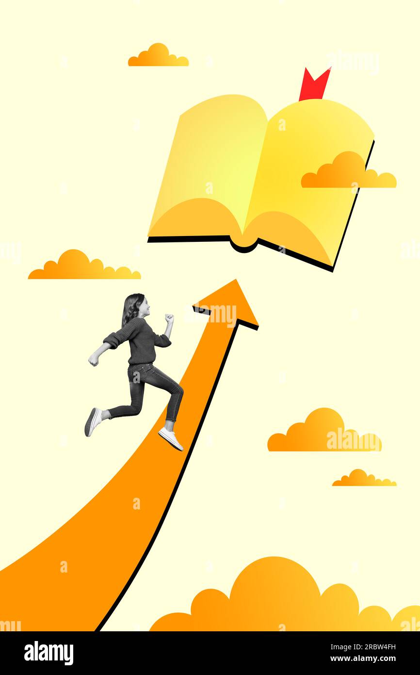 Poster artwork collage banner of excited happy girl run open book page ...
