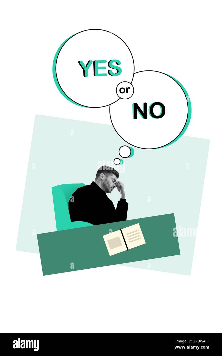 Poster artwork collage of minded sad guy sitting office deep thinking ...