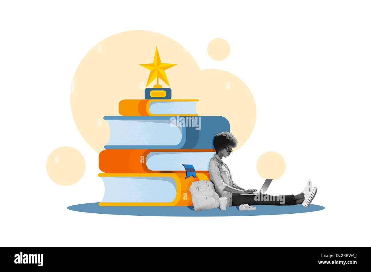 Poster artwork collage banner of smart clever girl sitting reading many ...