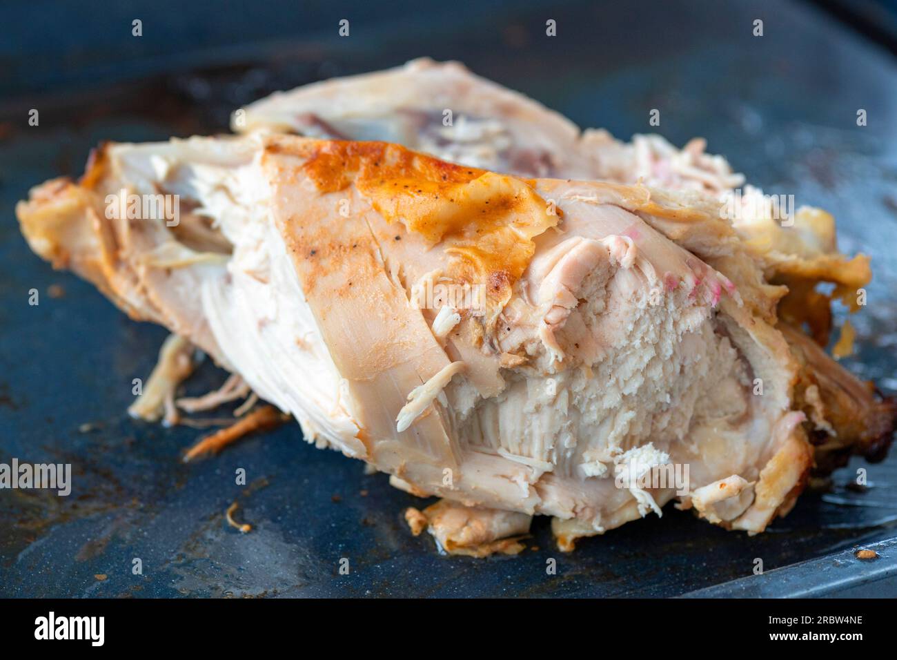 Leftover food on the baking sheet. Gnawed chicken carcass. Tasty dish ...