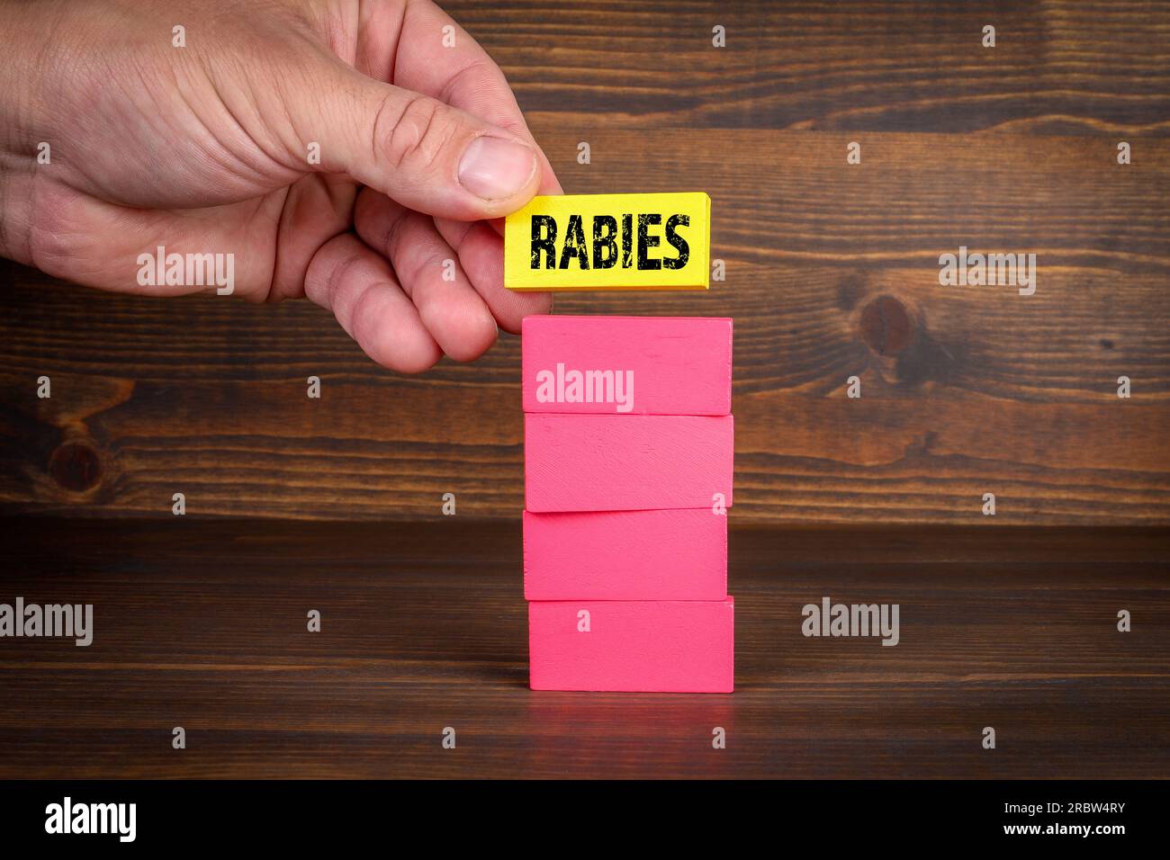 Rabies, health and disease concept. Colorful blocks on a wooden texture ...