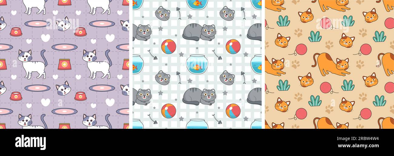 Set of Cats Animals Seamless Pattern Design with Cat Element in ...