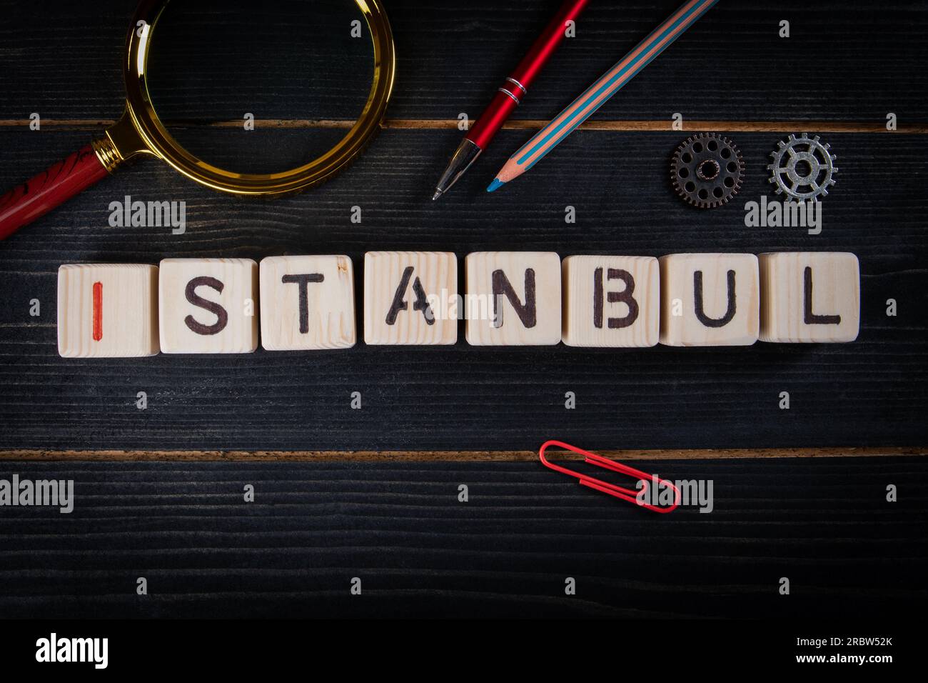 ISTANBUL. City name from blocks on a dark wood texture background Stock ...