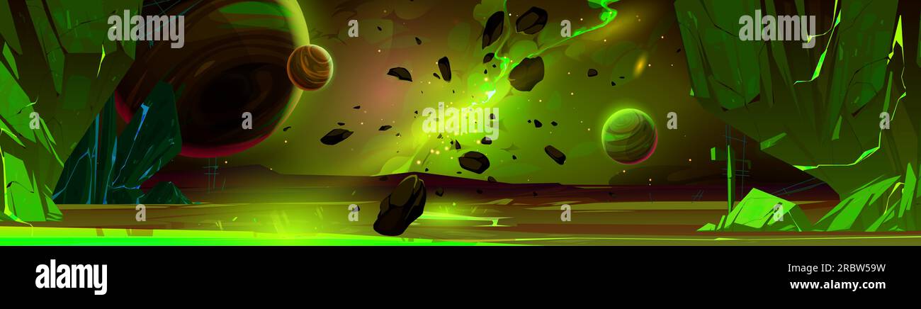 Green alien planet surface with toxic neon substance in cracks, stones ...