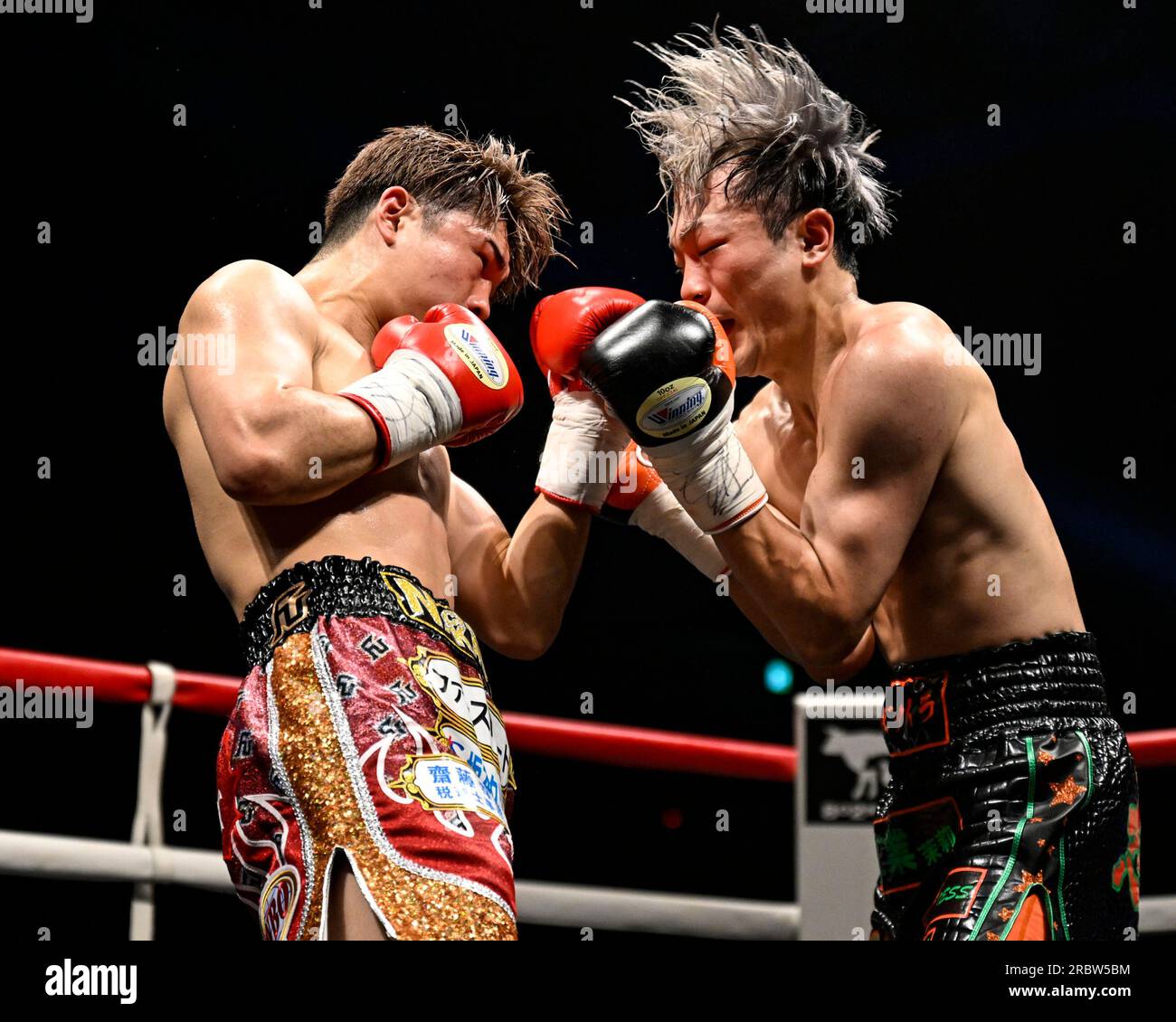 Jin Sasaki (red gloves) and Hiroto Hoshi (black gloves) compete during their WBO Asia Pacific ...