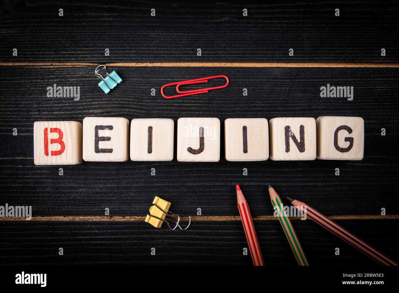 BEIJING. City name from blocks on a dark wood texture background Stock ...