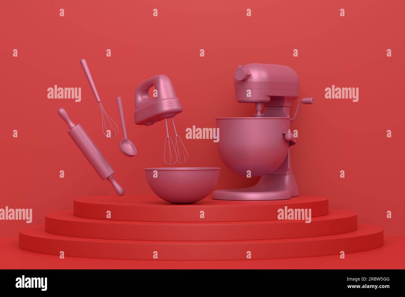 Abstract scene or podium with blender and kitchen utensil on monochrome ...