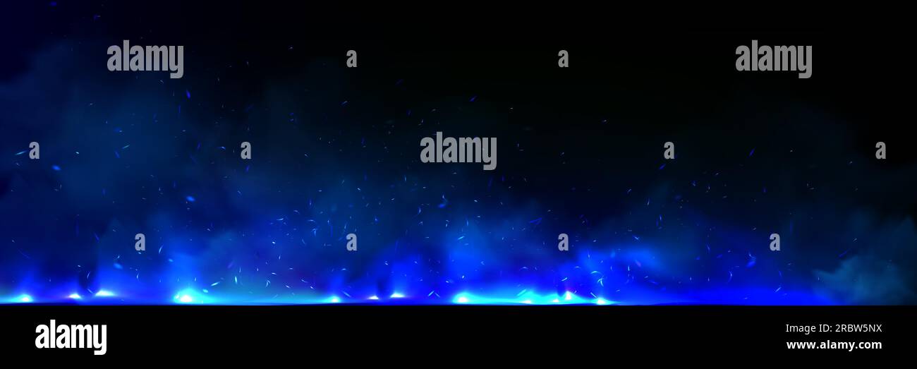 Realistic blue fire and smoke on black background. Vector illustration ...