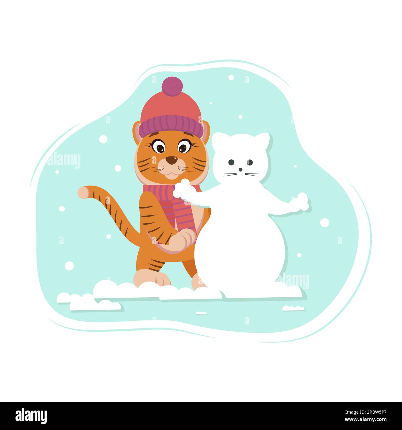A tiger in a hat and scarf makes a snowman in winter Stock Vector Image ...