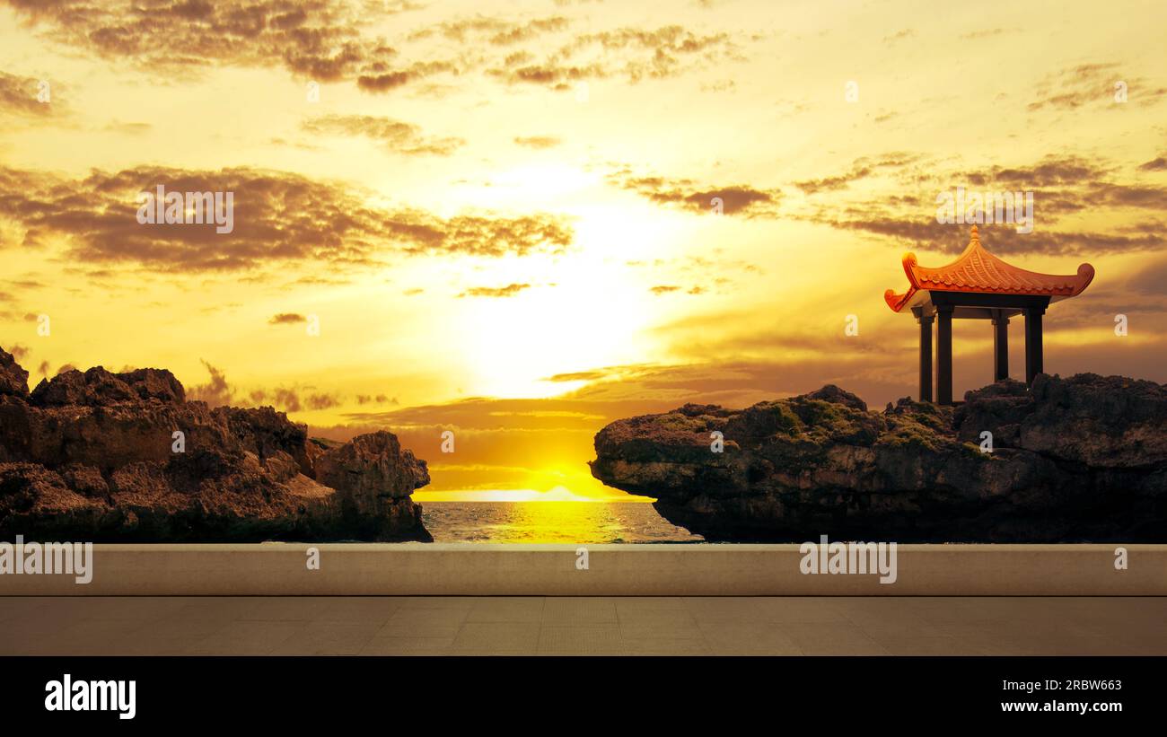 Chinese gazebo building on the cliff with a sunset sky background Stock ...