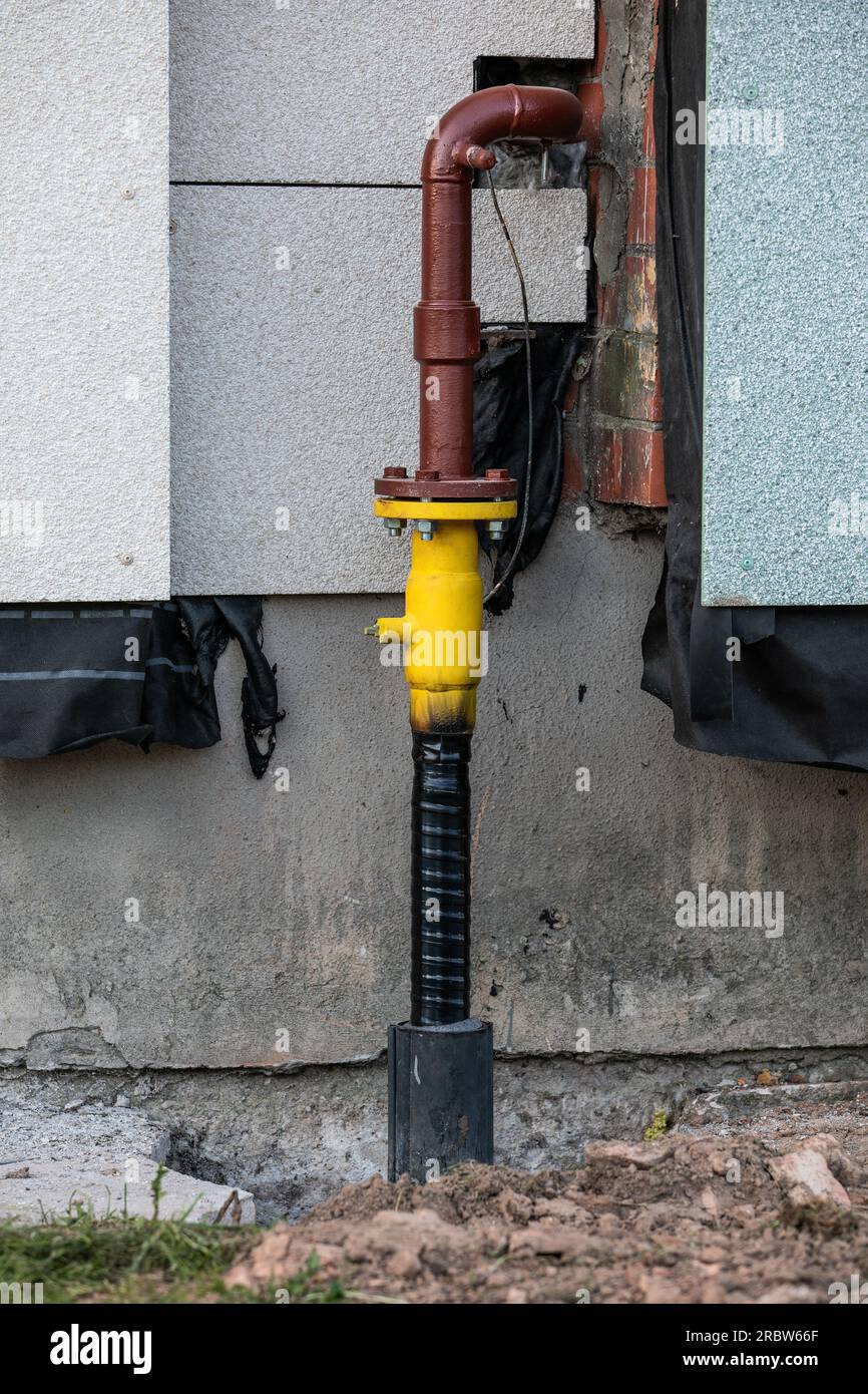 Natural gas pipeline at the facade of the building. Exterior Stock ...