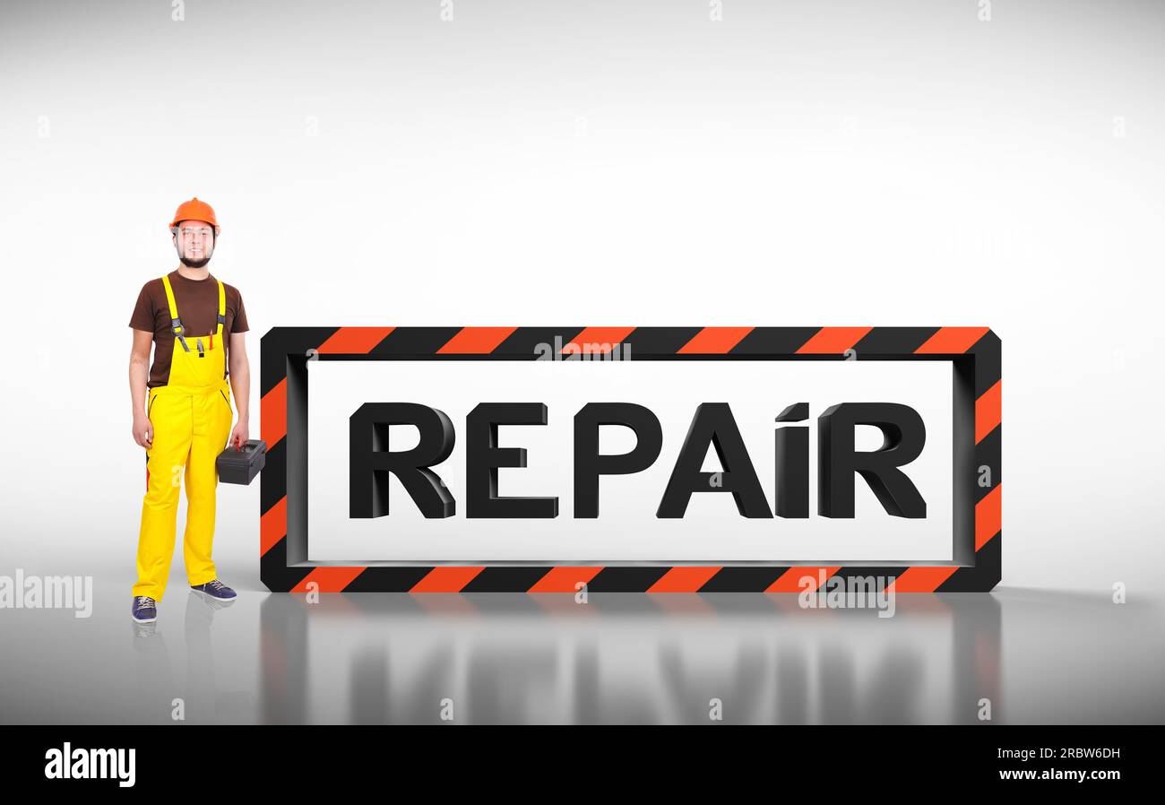 builder with box and big 3d text repair on a white background Stock ...