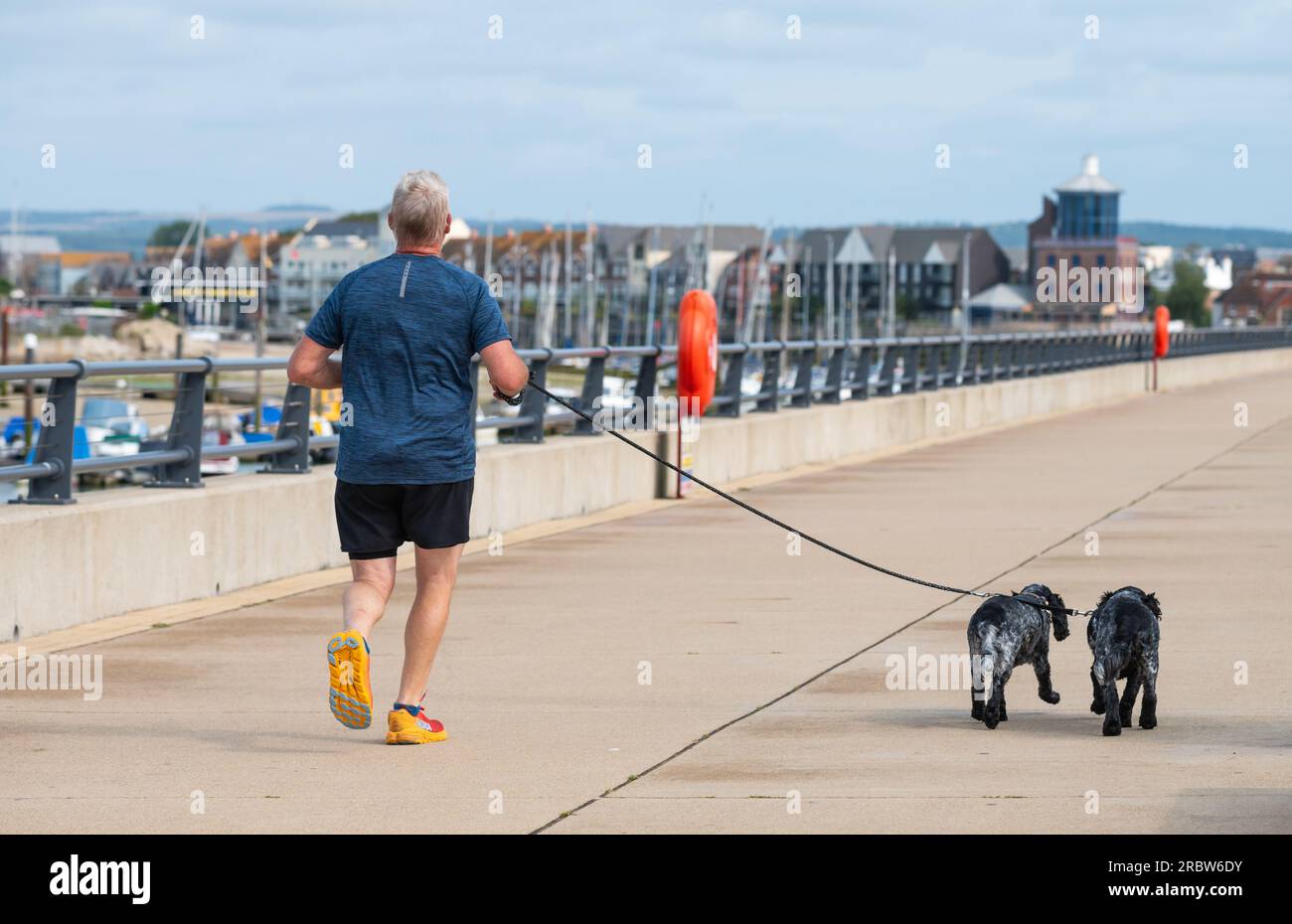Man jogging or running along river towpath with 2 dogs getting morning ...