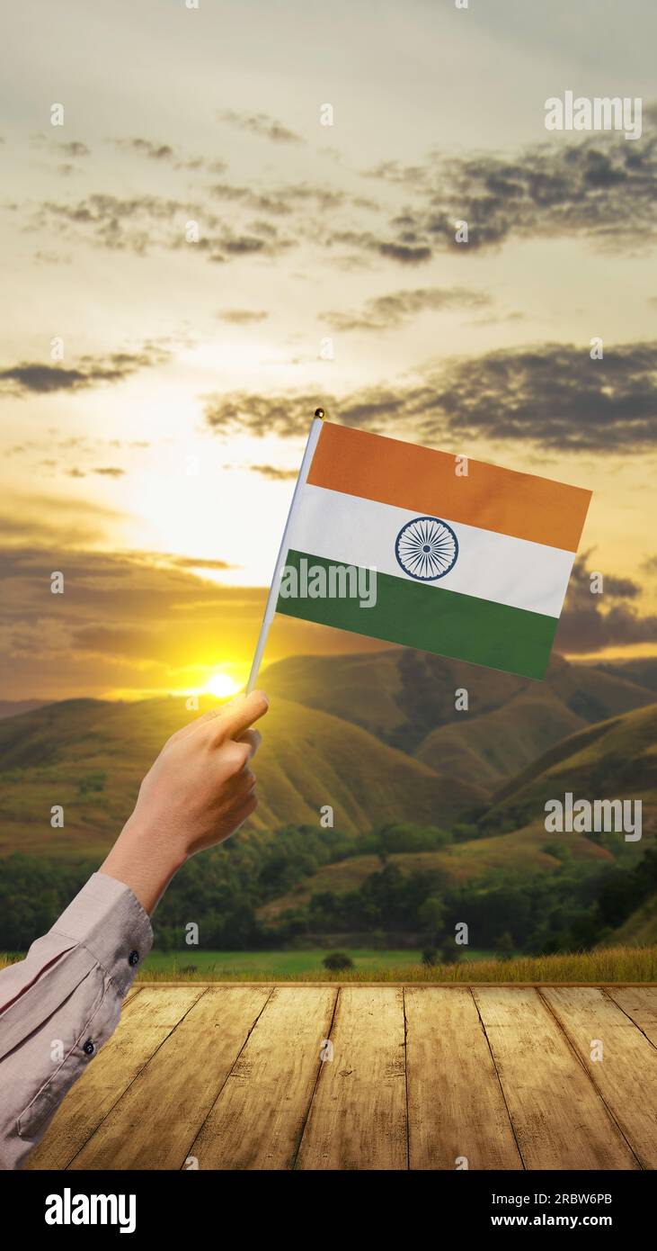 Human hand holding Indian flag. India Independence Day concept Stock ...